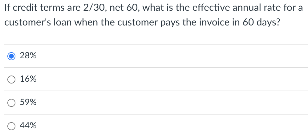 Solved If credit terms are 2/30, net 60 , what is the | Chegg.com