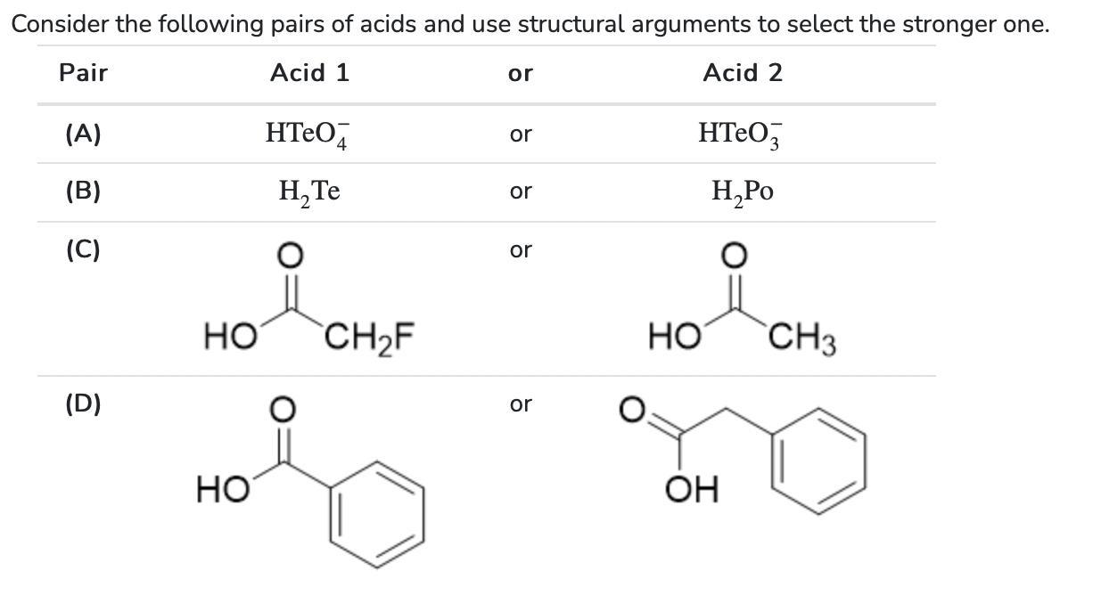 [Solved]: Consider the following pairs of acids and use st