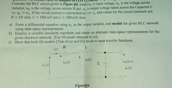 Solved Consider the RLC circuit given in Figure Q4, where u1 | Chegg.com