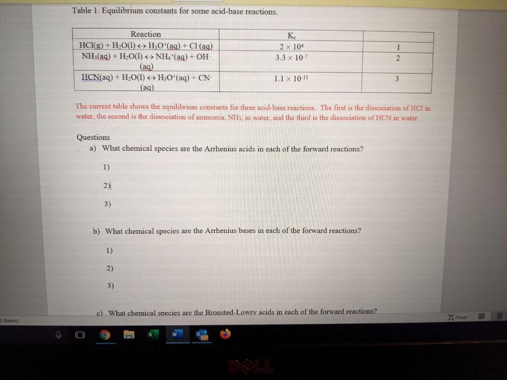 Solved Table 1. Equilibrium constants for some acid-base | Chegg.com