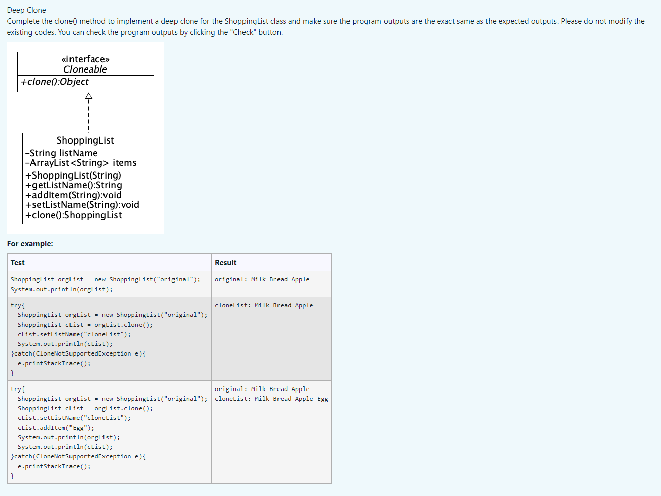 Solved Deep Clone Complete the clone() method to implement a | Chegg.com
