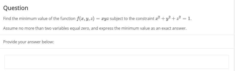 Solved Question Find the minimum value of the function f(x, | Chegg.com