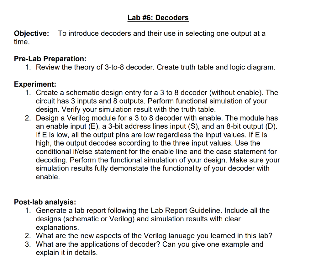 Solved Lab #6: Decoders Objective: To introduce decoders and | Chegg.com
