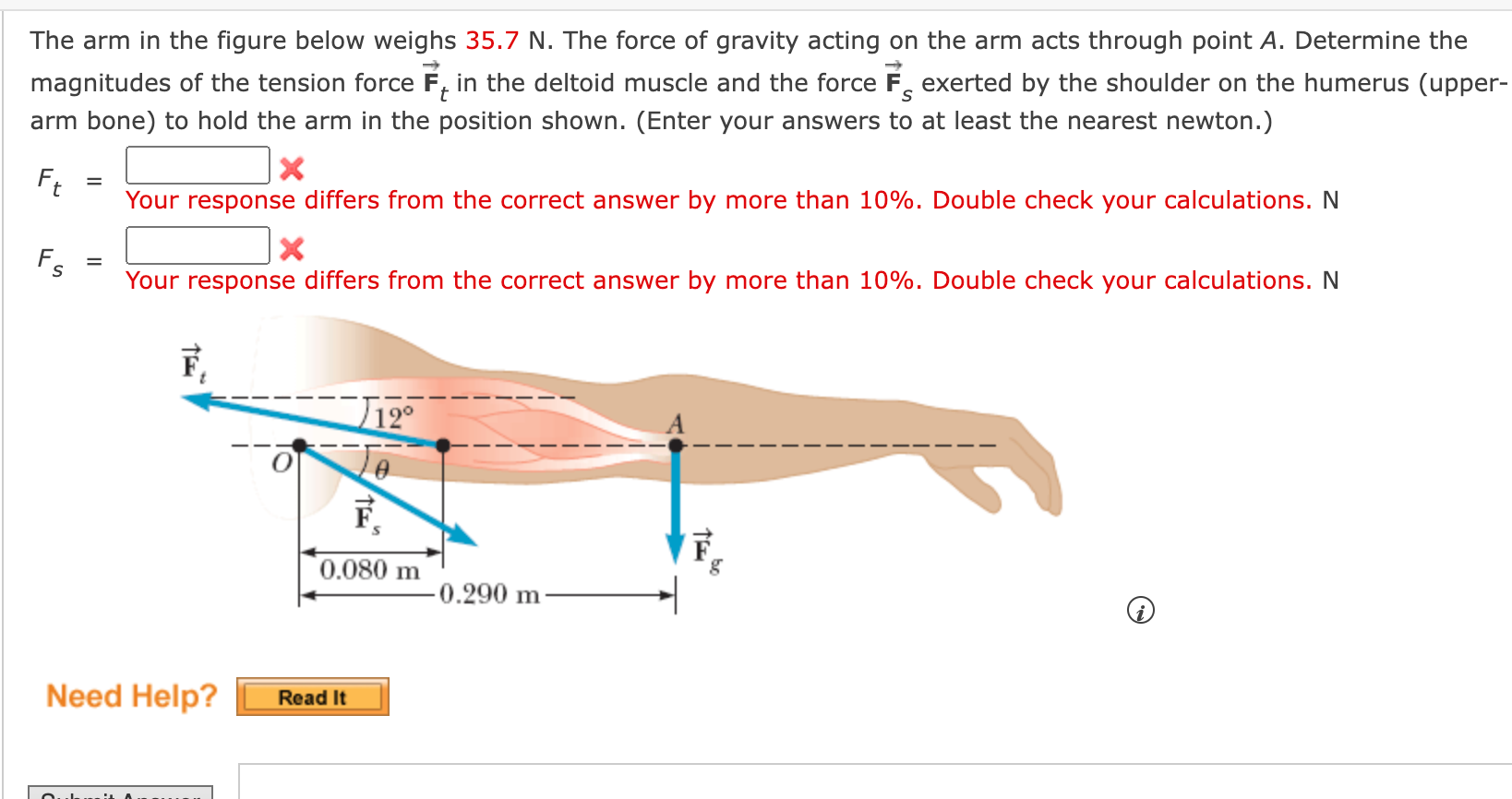 Solved The arm in the figure below weighs 35.7N. ﻿The force | Chegg.com