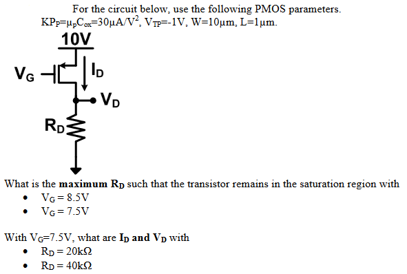 Solved For the circuit below, use the following PMOS | Chegg.com