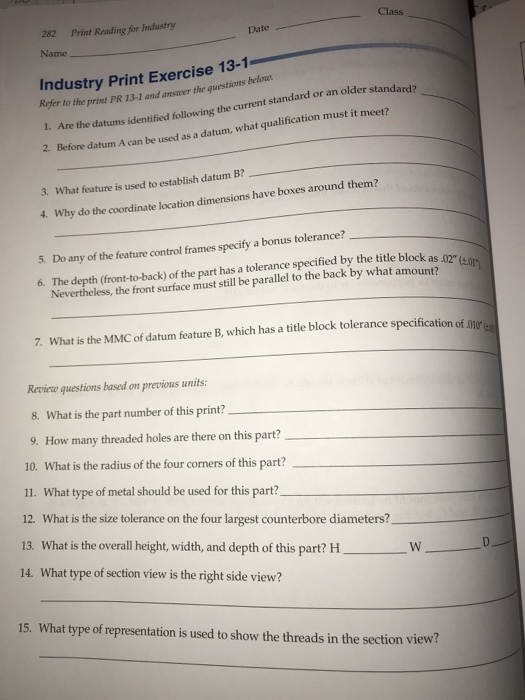 Solved Class 282 Print Reading for Industry Name Date | Chegg.com