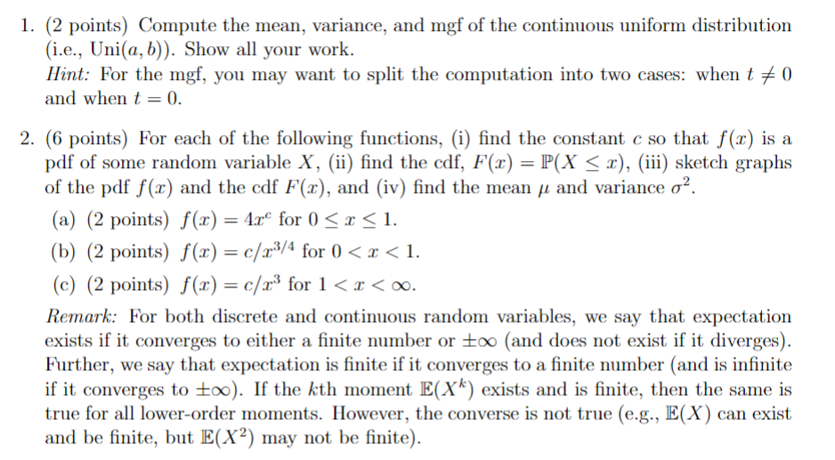 Solved 1. (2 points) Compute the mean, variance, and mgf of | Chegg.com