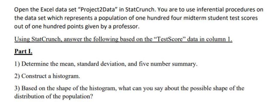 Solved Open the Excel data set "Project2Data" in StatCrunch. | Chegg.com