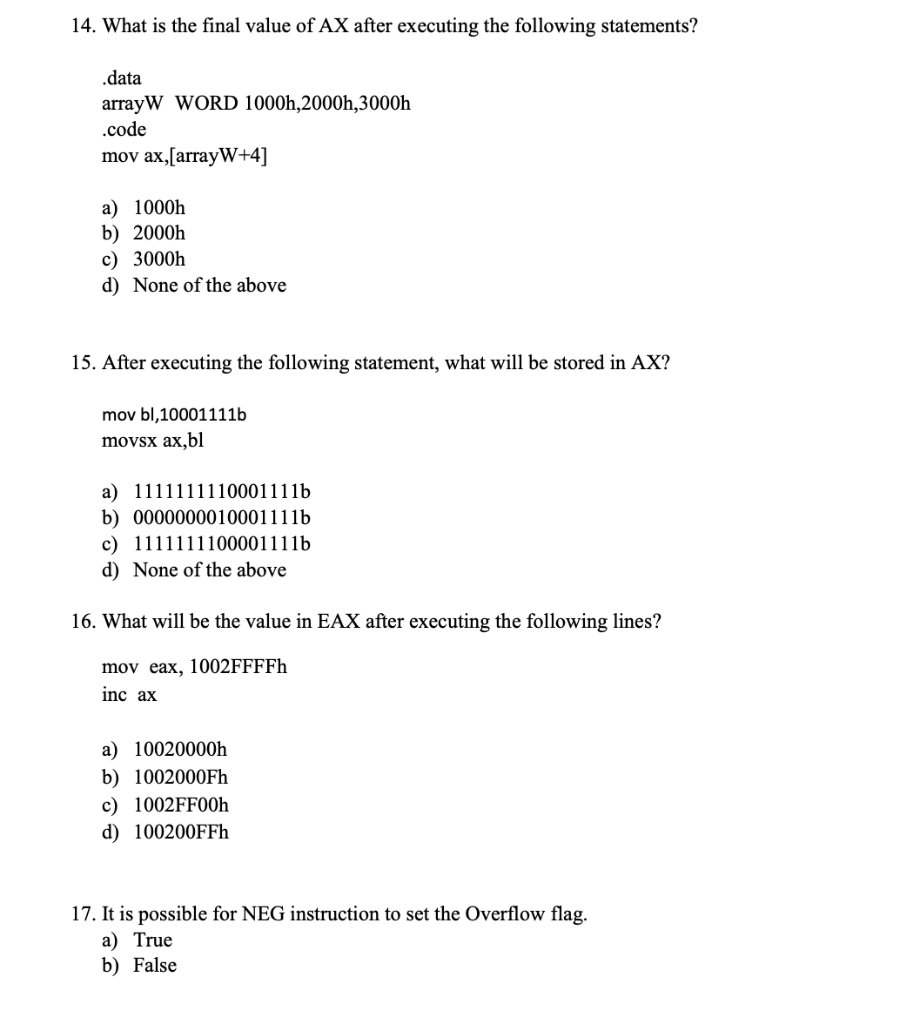 Solved 14. What is the final value of AX after executing the | Chegg.com