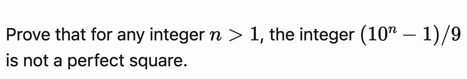 Solved Prove that for any integer n>1, the integer (10n−1)/9 | Chegg.com