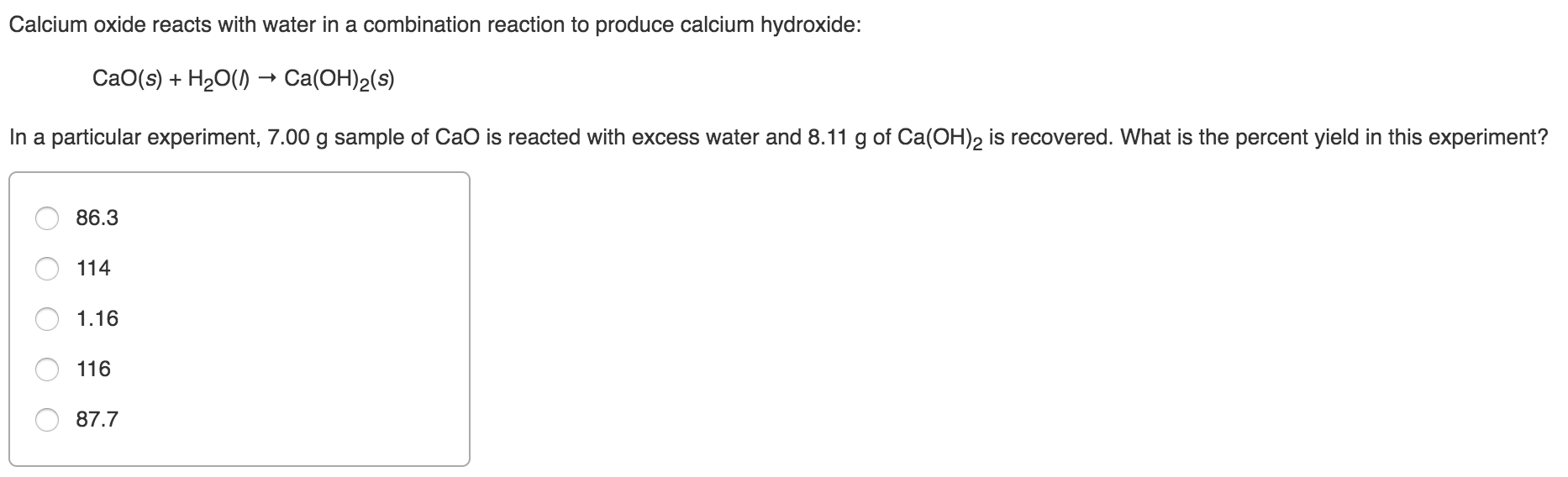 Solved Calcium oxide reacts with water in a combination | Chegg.com