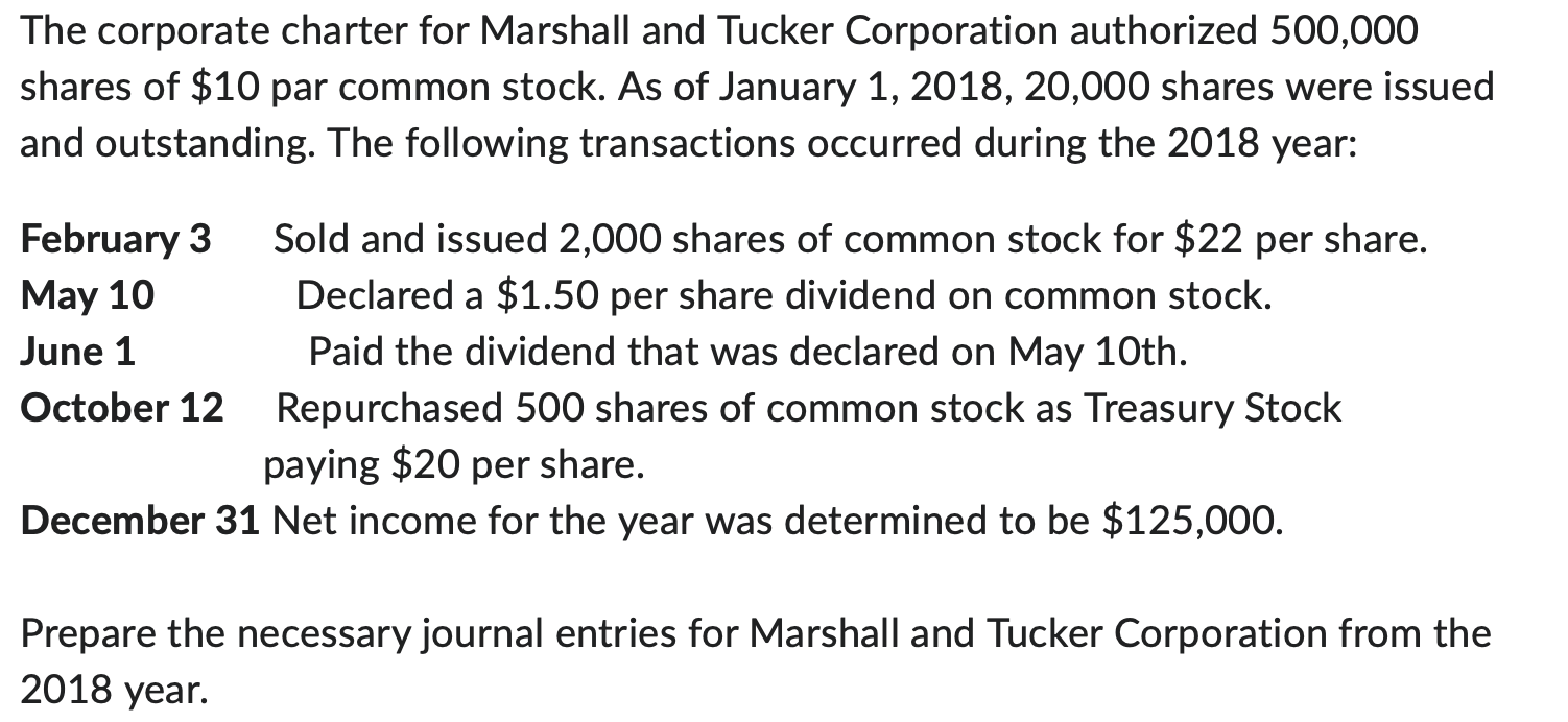 Solved The corporate charter for Marshall and Tucker | Chegg.com