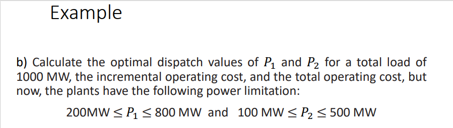 Example b) Calculate the optimal dispatch values of | Chegg.com