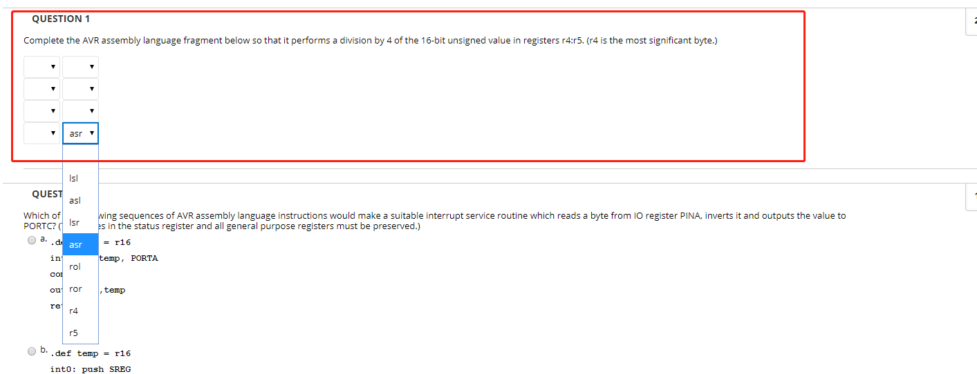 Question 1 Complete The Avr Assembly Language