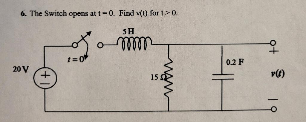 Solved 6. The Switch opens at t=0. Find v(t) for t>0. | Chegg.com