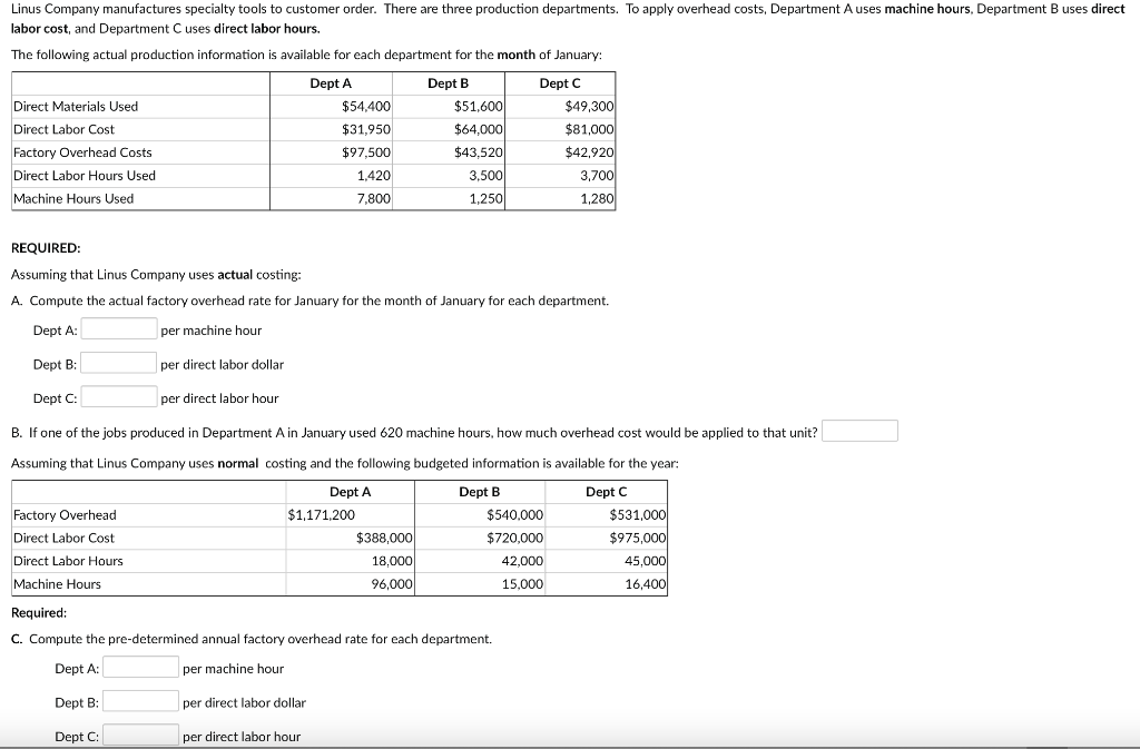 Solved Linus Company manufactures specialty tools to | Chegg.com