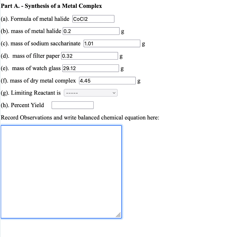 Part A. - Synthesis of a Metal Complex (a). Formula | Chegg.com