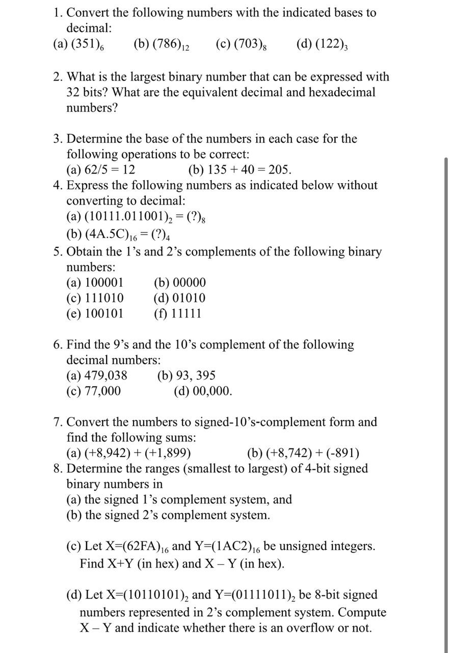 Solved 1. Convert the following numbers with the indicated | Chegg.com
