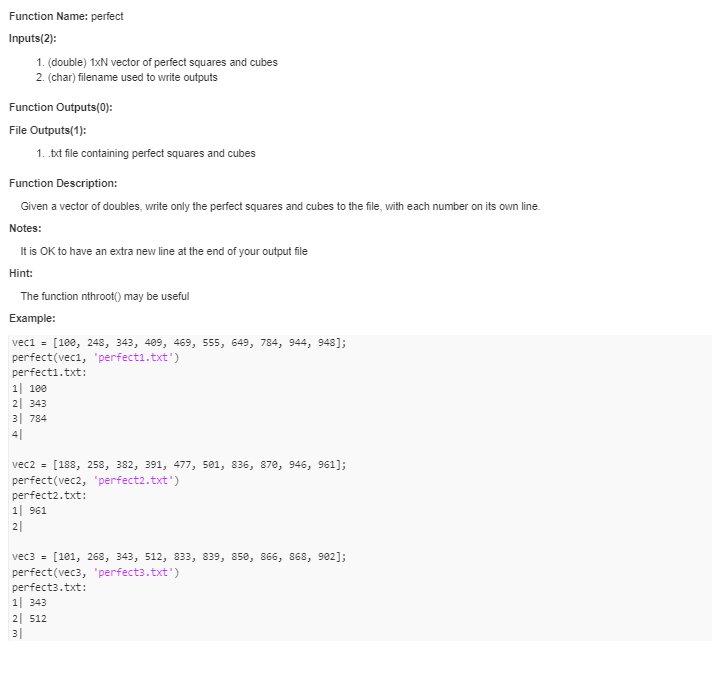 Function Name: perfect Inputs(2): 1. (double) 1xN | Chegg.com