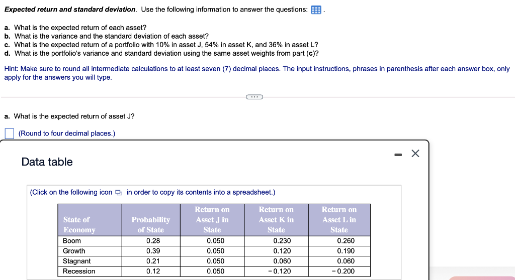 Solved Expected return and standard deviation. Use the | Chegg.com