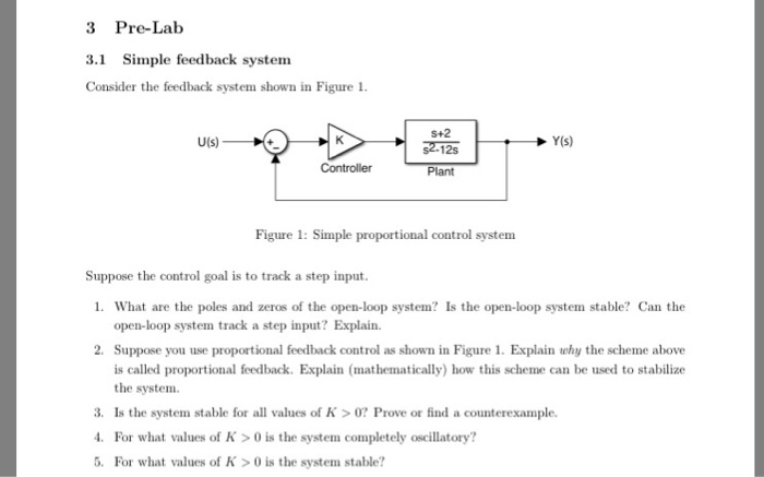 Solved 3 Pre-Lab 3.1 Simple feedback system Consider the | Chegg.com
