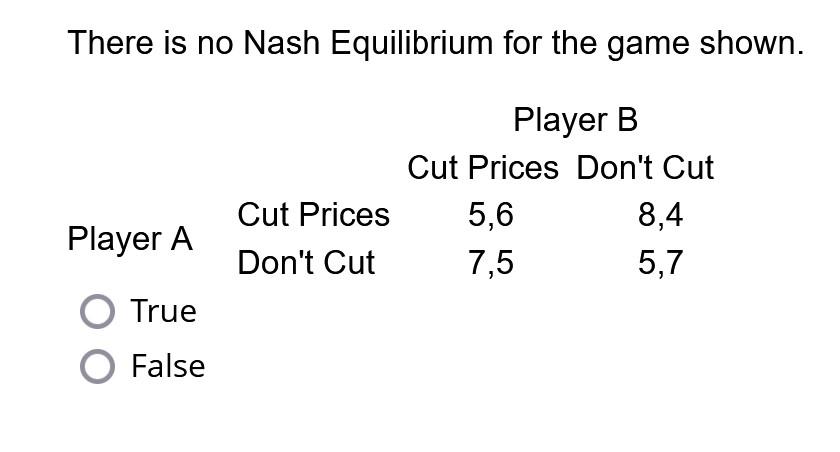 Solved There is no Nash Equilibrium for the game shown. True | Chegg.com