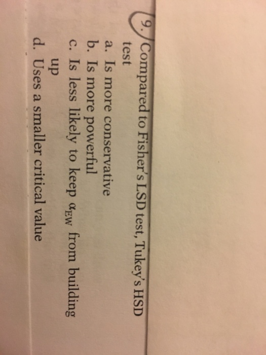 Solved 9 Compared to Fishers LSD test, Tukey's HSD test a. | Chegg.com