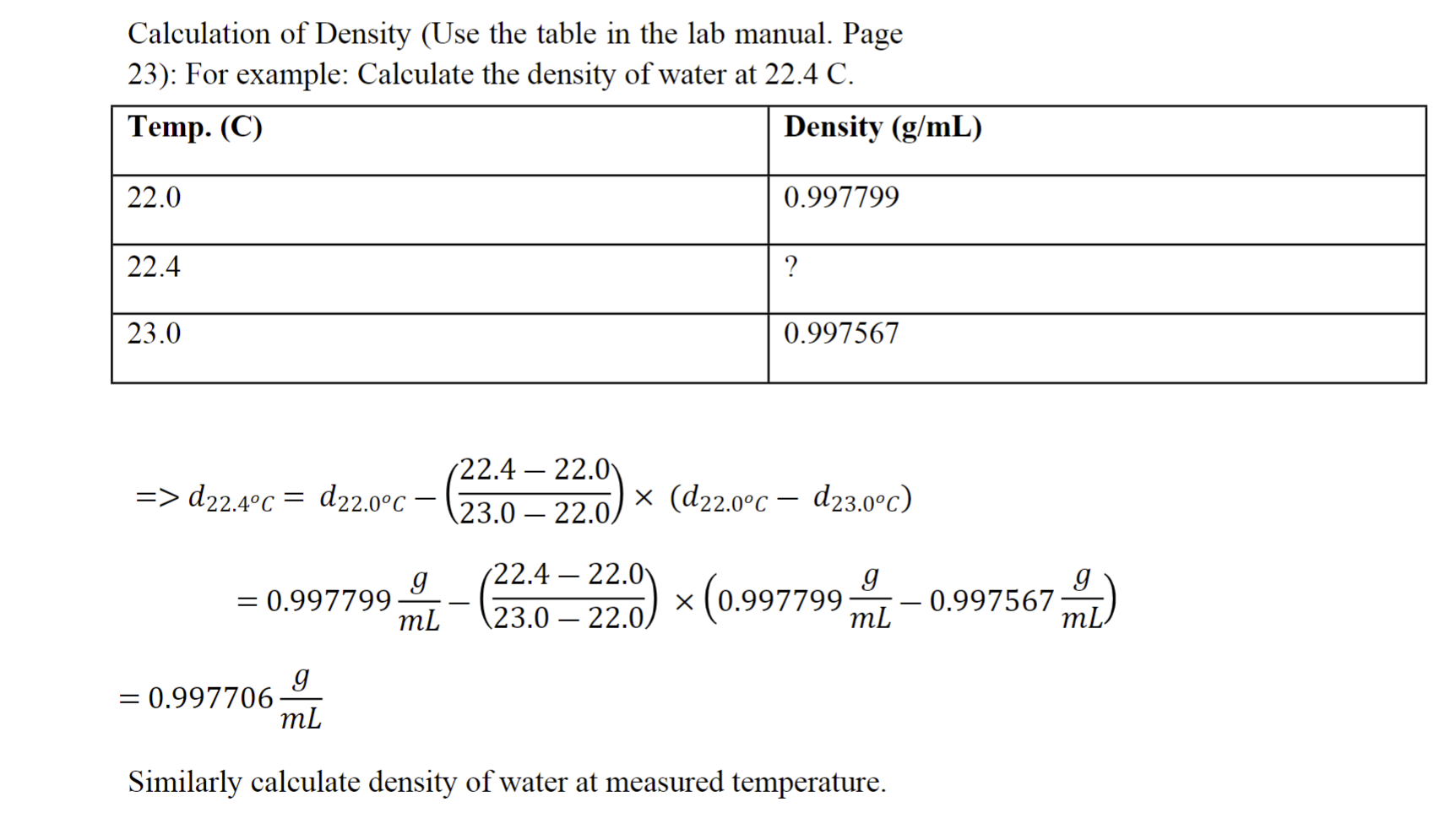 Solved Calculation of Density (Use the table in the lab | Chegg.com