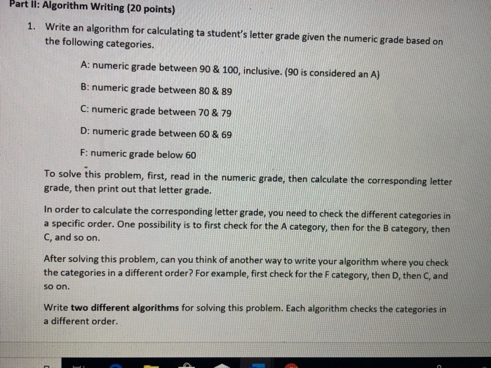 Solved Part II: Algorithm Writing (20 points) Write an | Chegg.com
