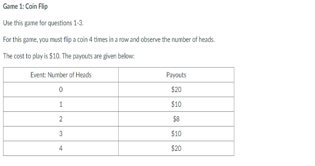 Solved Game 1: Coin Flip Use this game for questions 1-3. | Chegg.com