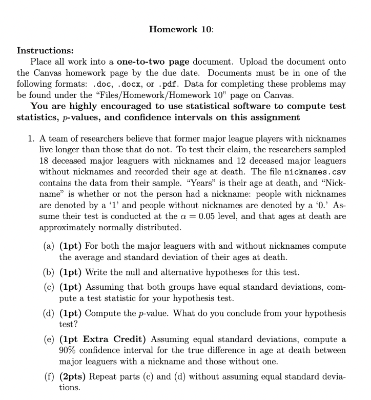 Homework 10: Instructions: Place all work into a | Chegg.com