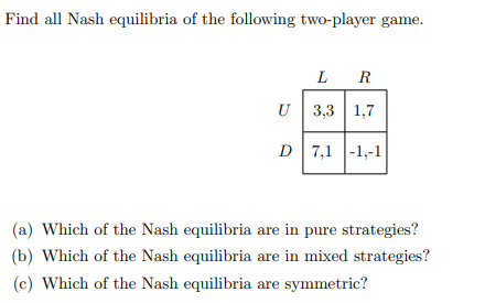 Solved Find all Nash equilibria of the following two-player | Chegg.com