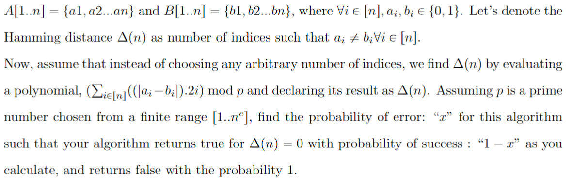 Hamming Distance A[1..n] = {a1, a2...an} and | Chegg.com