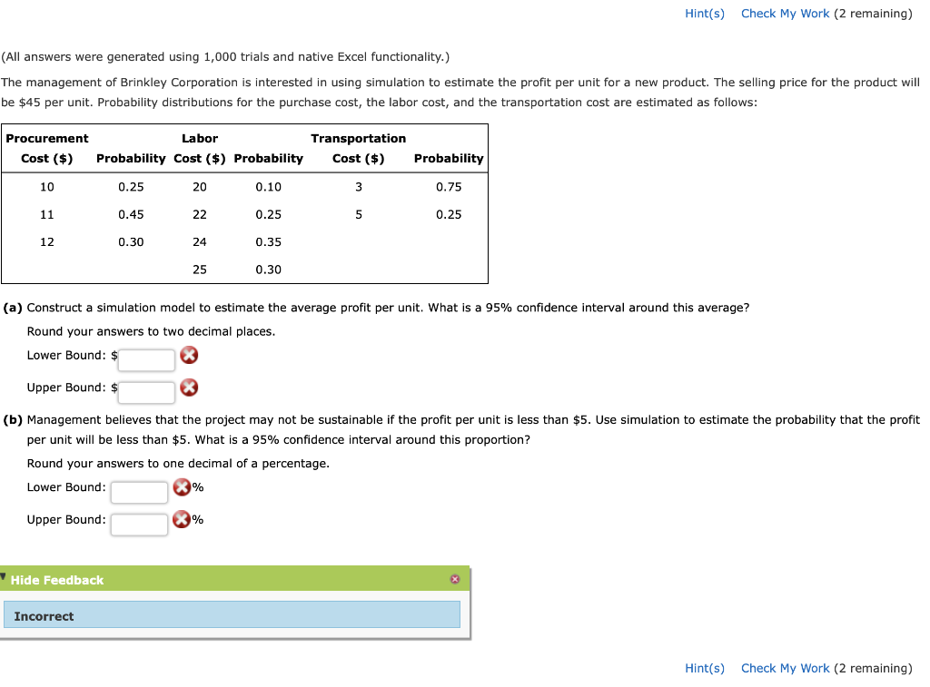 Solved Hint(s) Check My Work (2 remaining) (All answers were | Chegg.com
