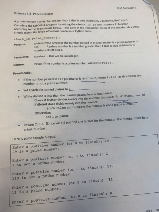 Solved 2019 Semester 1 EXERCISE 4.2 PRIME NUMBERS A prime | Chegg.com