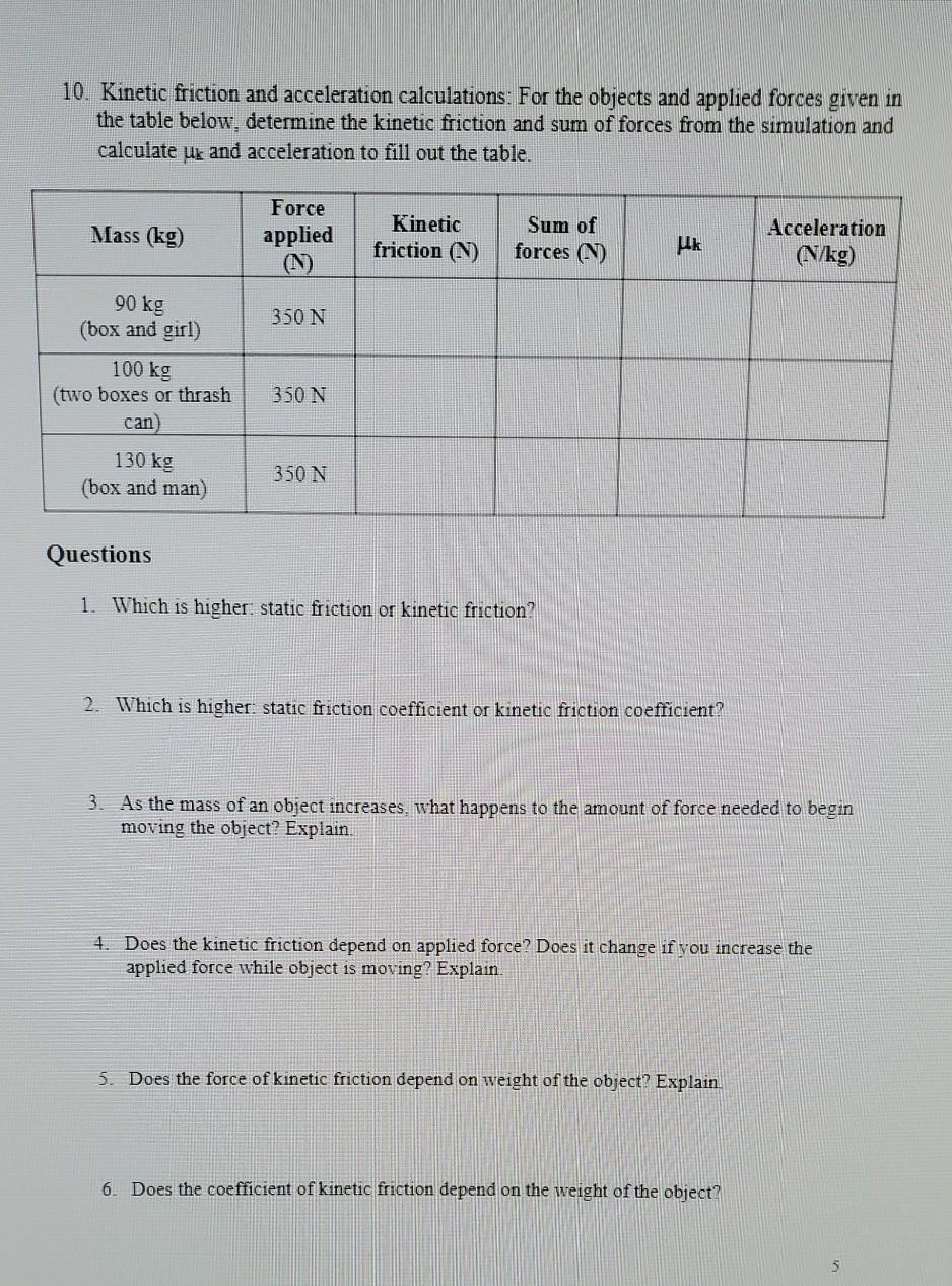 Solved Force and motion. complete table with work shown and | Chegg.com