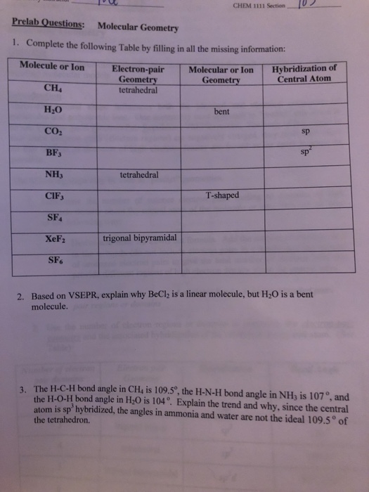 Solved CHEM 1111 Section0 Prelab Questions: Molecular | Chegg.com