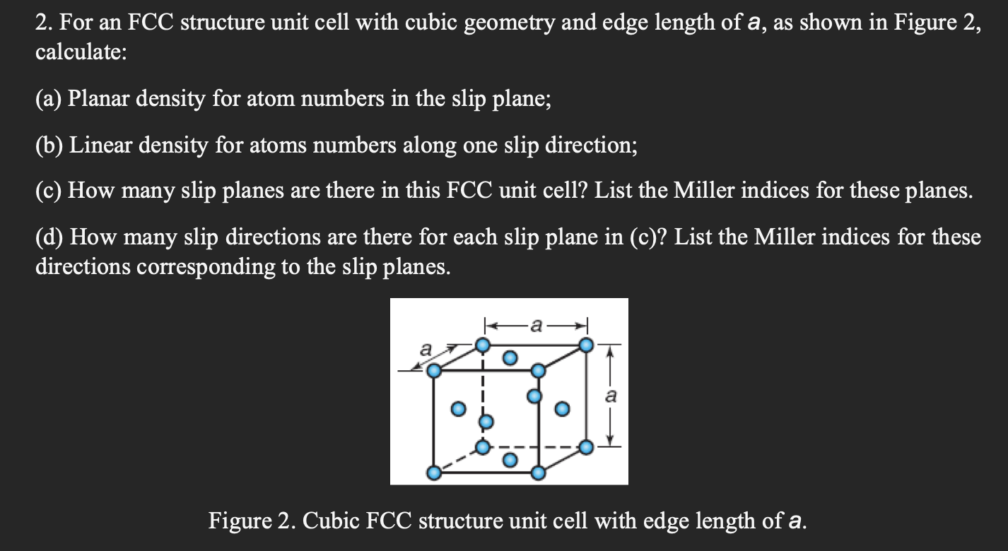 Solved 2. ﻿For an FCC structure unit cell with cubic | Chegg.com