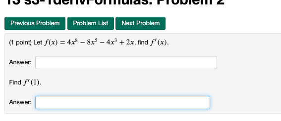 Solved (1 point) Let f(x)=4x8−8x5−4x3+2x Answer: Find f′(1). | Chegg.com