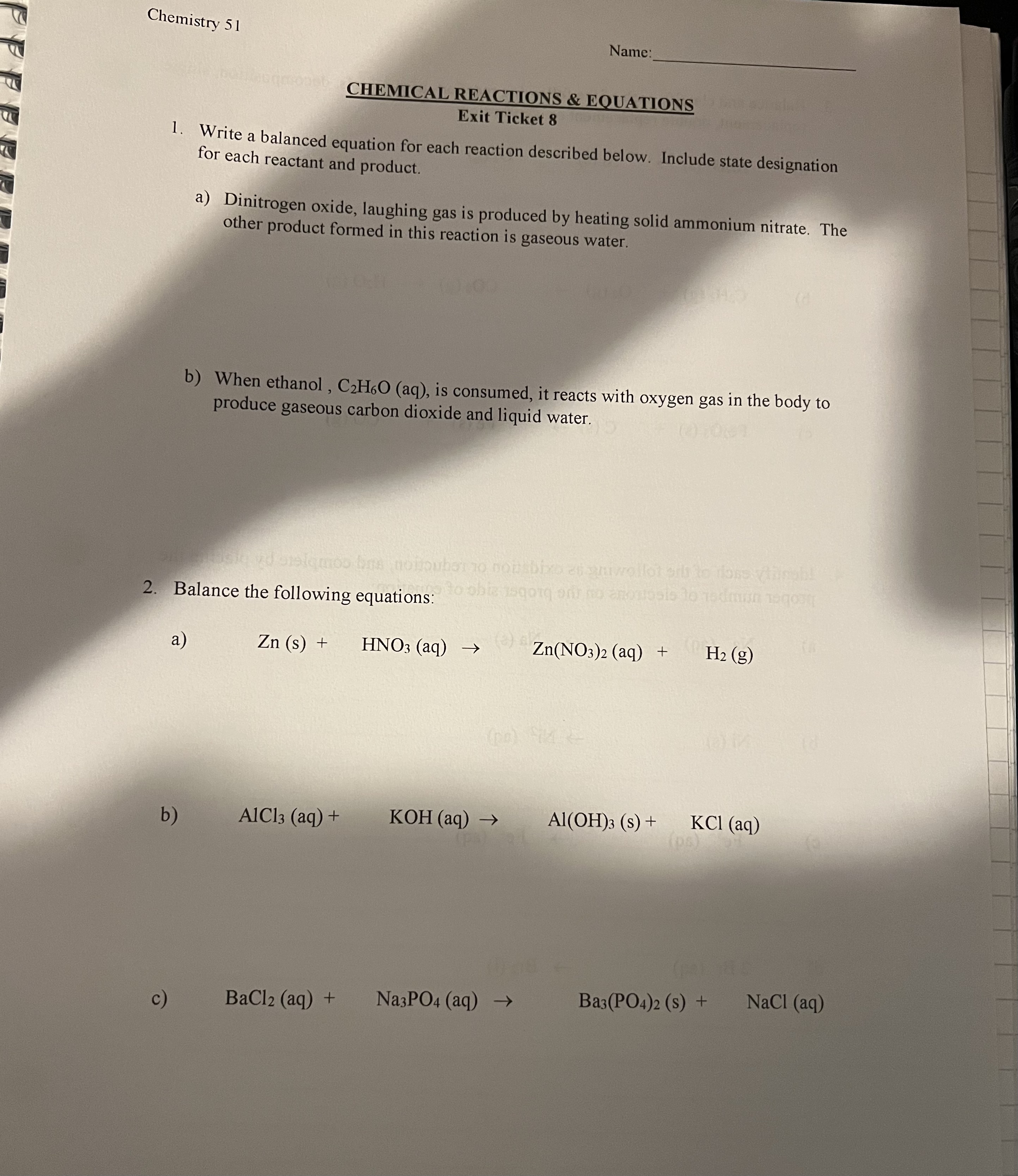 Solved Exit Ticket 8 1. Write a balanced equation for each | Chegg.com