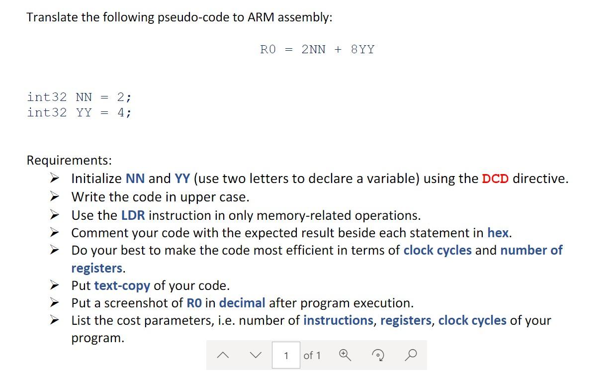 Translate the following pseudo-code to ARM assembly: | Chegg.com
