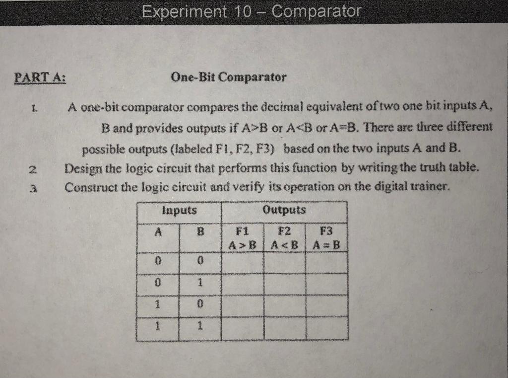 Solved PART B: Two-bit Comparater 1. Write the truth table | Chegg.com
