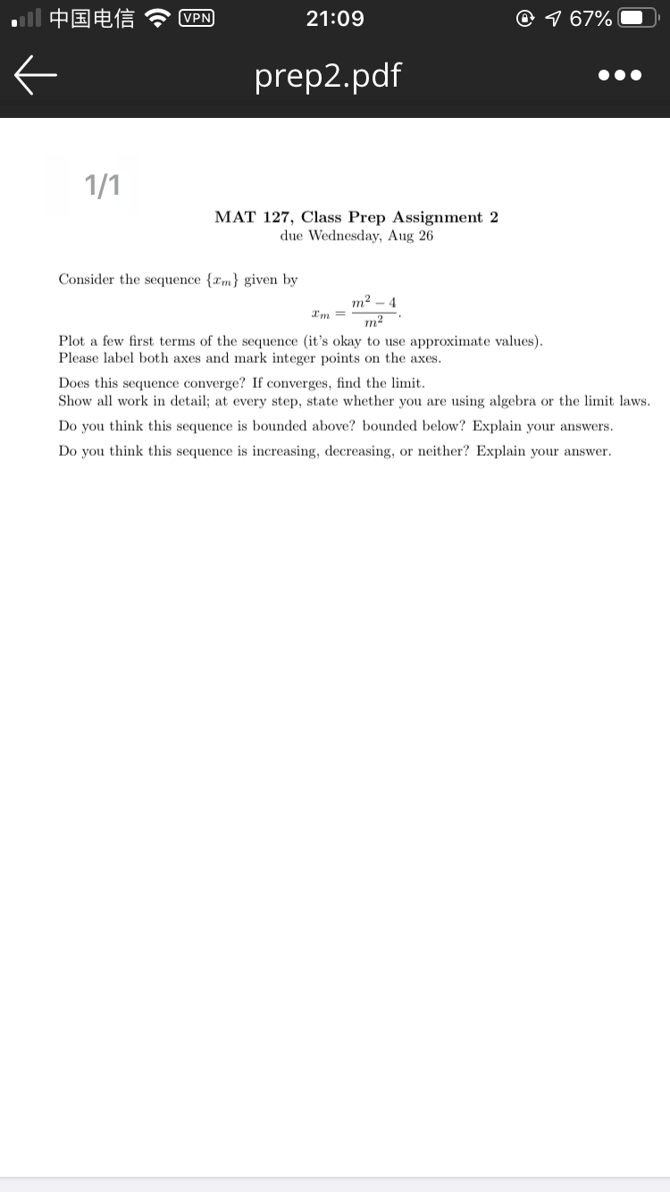 Solved 中国电信 VPN 21:09 @ 1 67% prep2.pdf 1/1 MAT 127, Class | Chegg.com