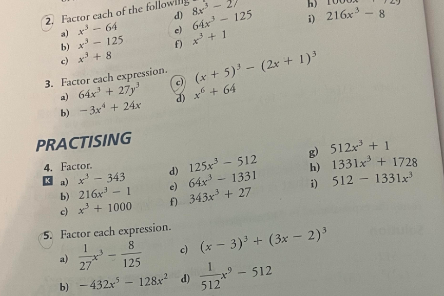 Solved 2. Factor each of the followit 8x3−27 d) a) x3−64 e) | Chegg.com