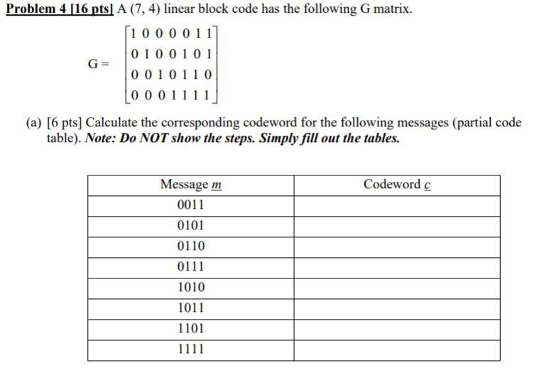 Problem 4 [16 pts) A (7,4) linear block code has the | Chegg.com