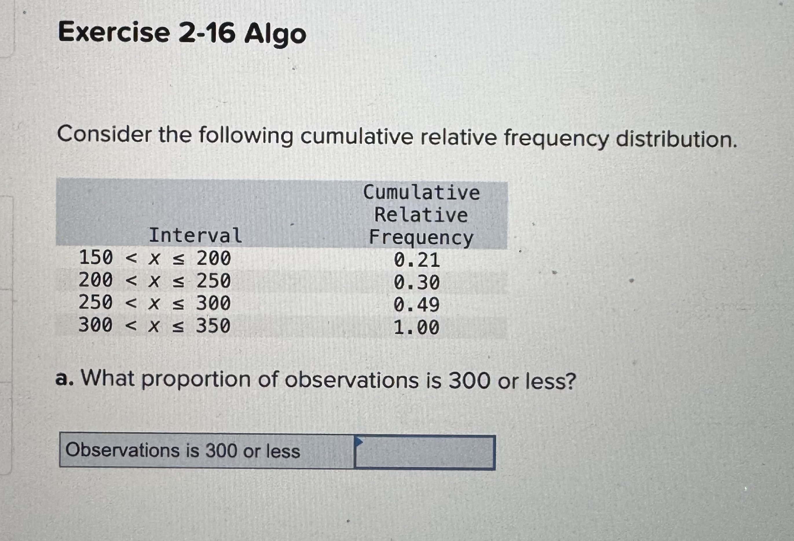 Solved Exercise 2-16 ﻿AlgoConsider the following cumulative | Chegg.com