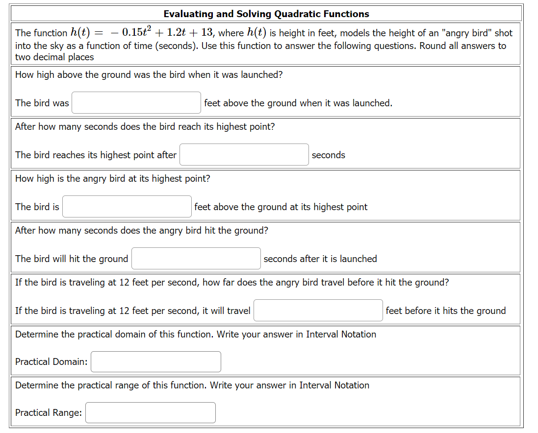 Solved = Evaluating and Solving Quadratic Functions The | Chegg.com
