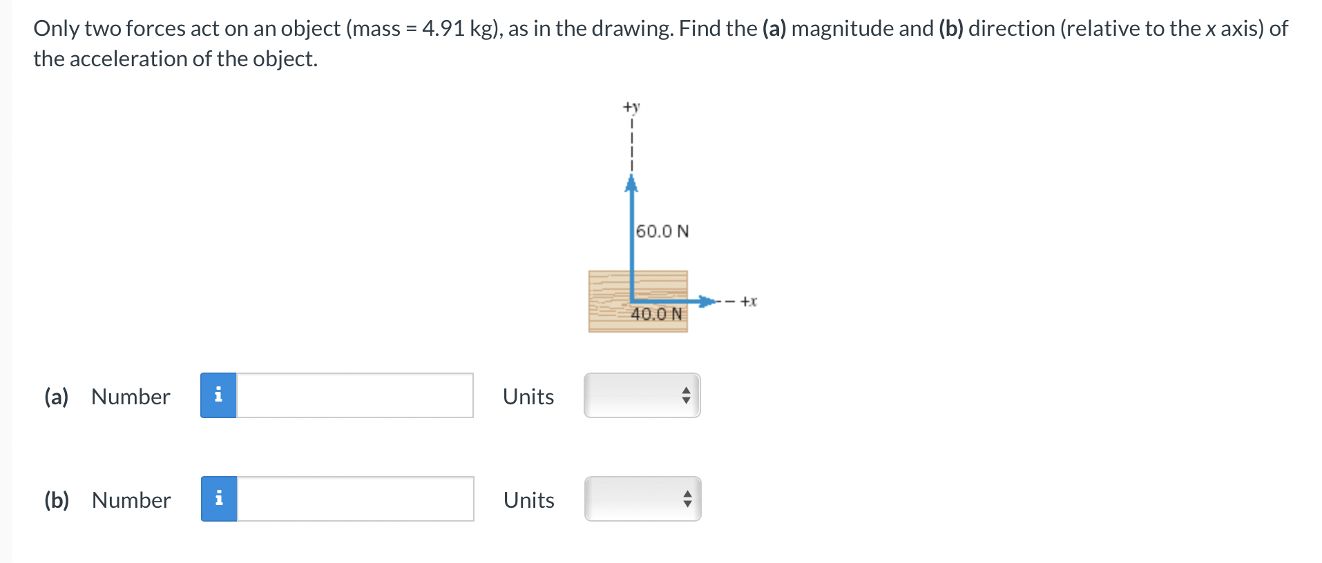 Solved Only two forces act on an object (mass = 4.91 kg), as | Chegg.com