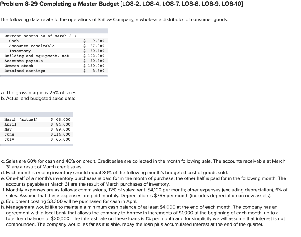 Solved Problem 8-29 Completing a Master Budget (LO8-2, | Chegg.com