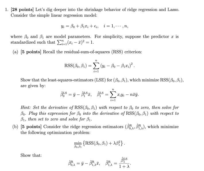 (c) [5 points ] Suppose λ=1. Plot the ridge | Chegg.com
